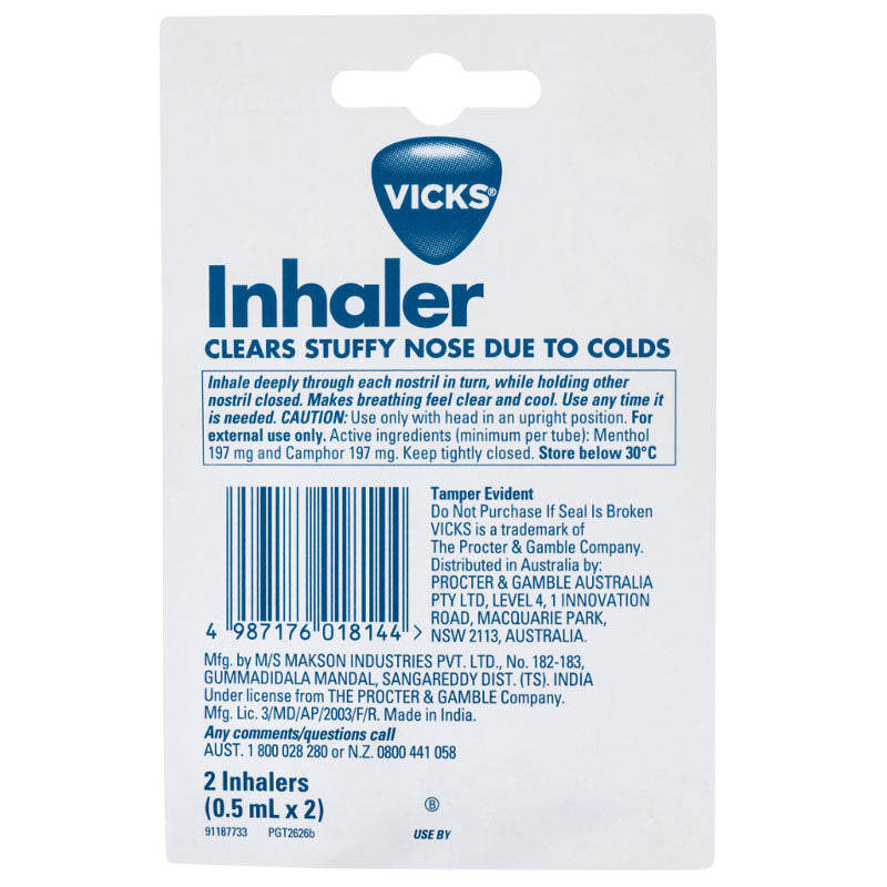 Vicks Inhaler Nasal Decongestant 2 Pack Blocked Nose Congestion Natura