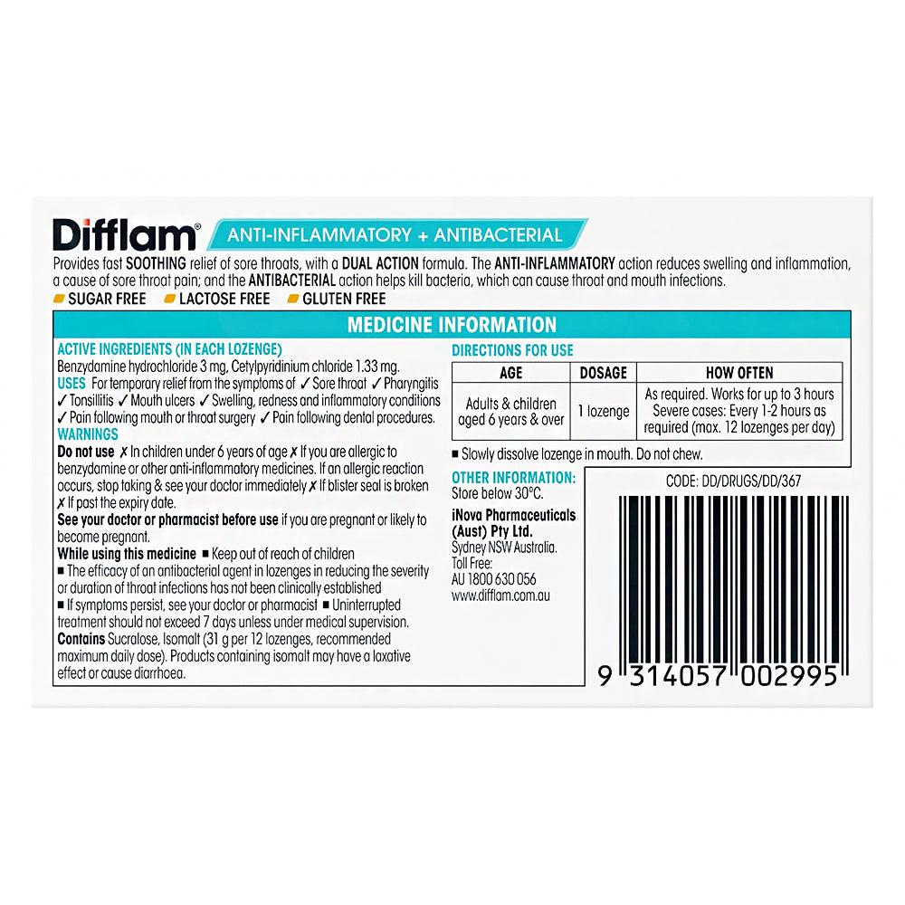 Difflam Sugar Free Honey & Lemon 16 Lozenges Rapid Numb Sore Throat Pa ...